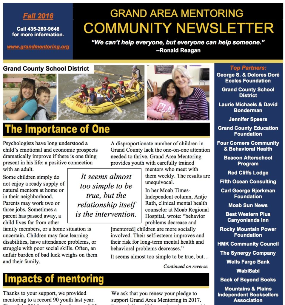 Fall 2016 Community Newsletter - Grand Area Mentoring